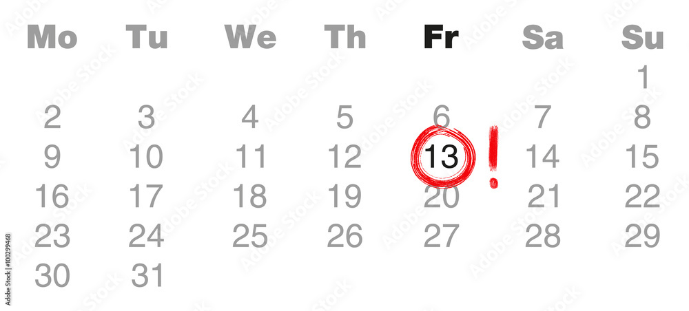 Month calendar monday to sunday with red marked Friday 13th Stock ...