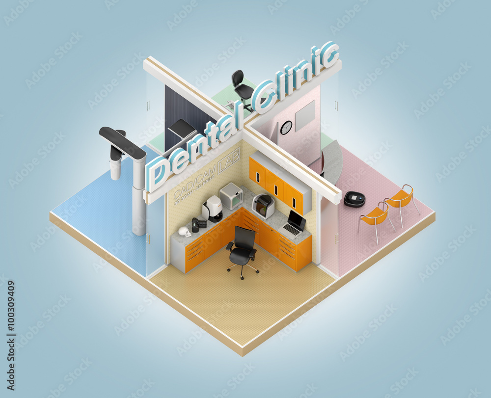 Isometric view of dental clinic model with CAD/CAM devices. 3D ...
