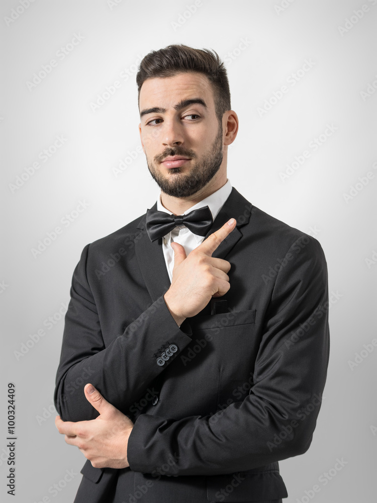 Secret service agent or bodyguard mimic pistol with hand gun gesture ...