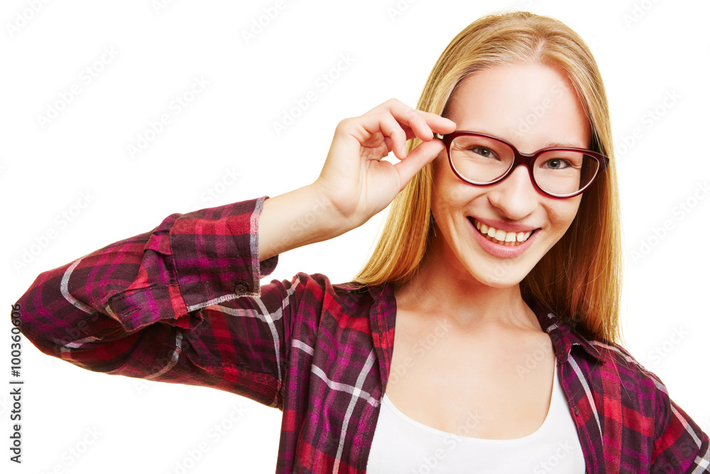Smiling woman with hands on glasses Stock Photo | Adobe Stock
