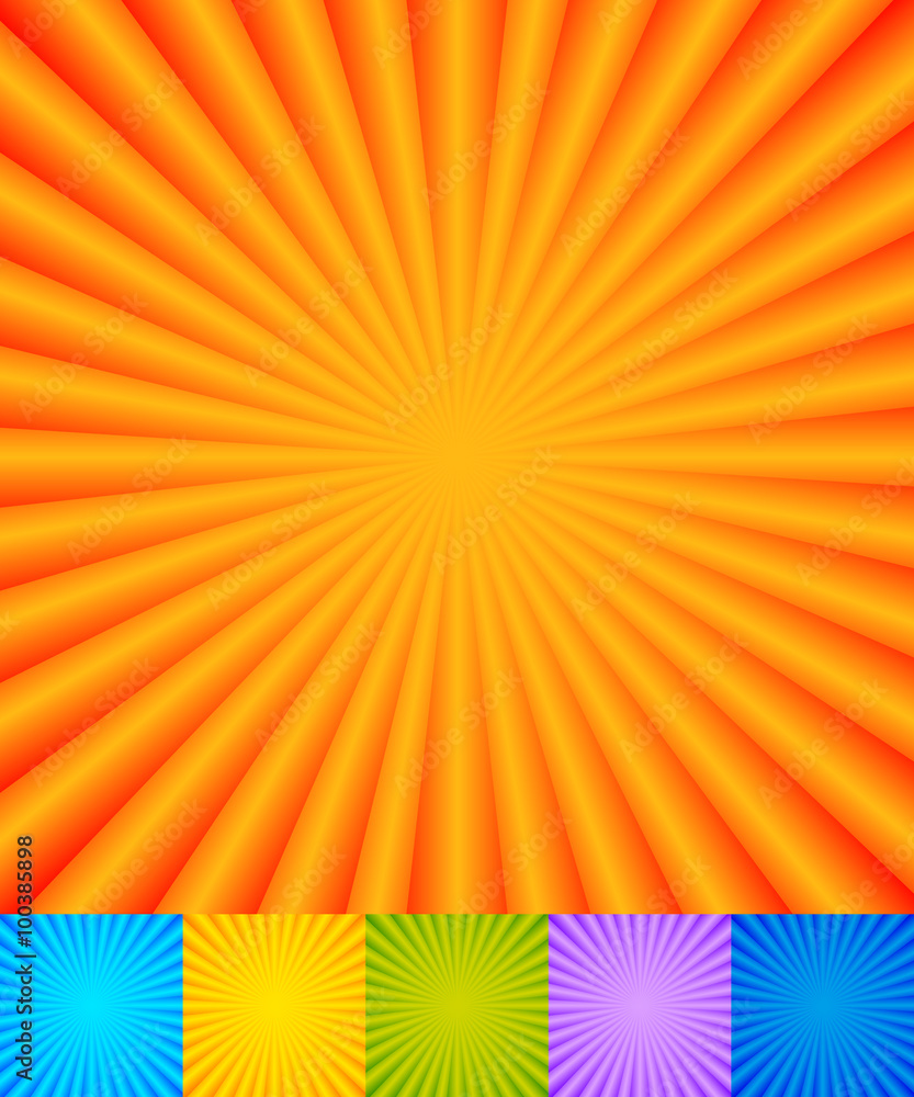 Colorful starburst (sunburst) background set. Converging, radiat Stock ...
