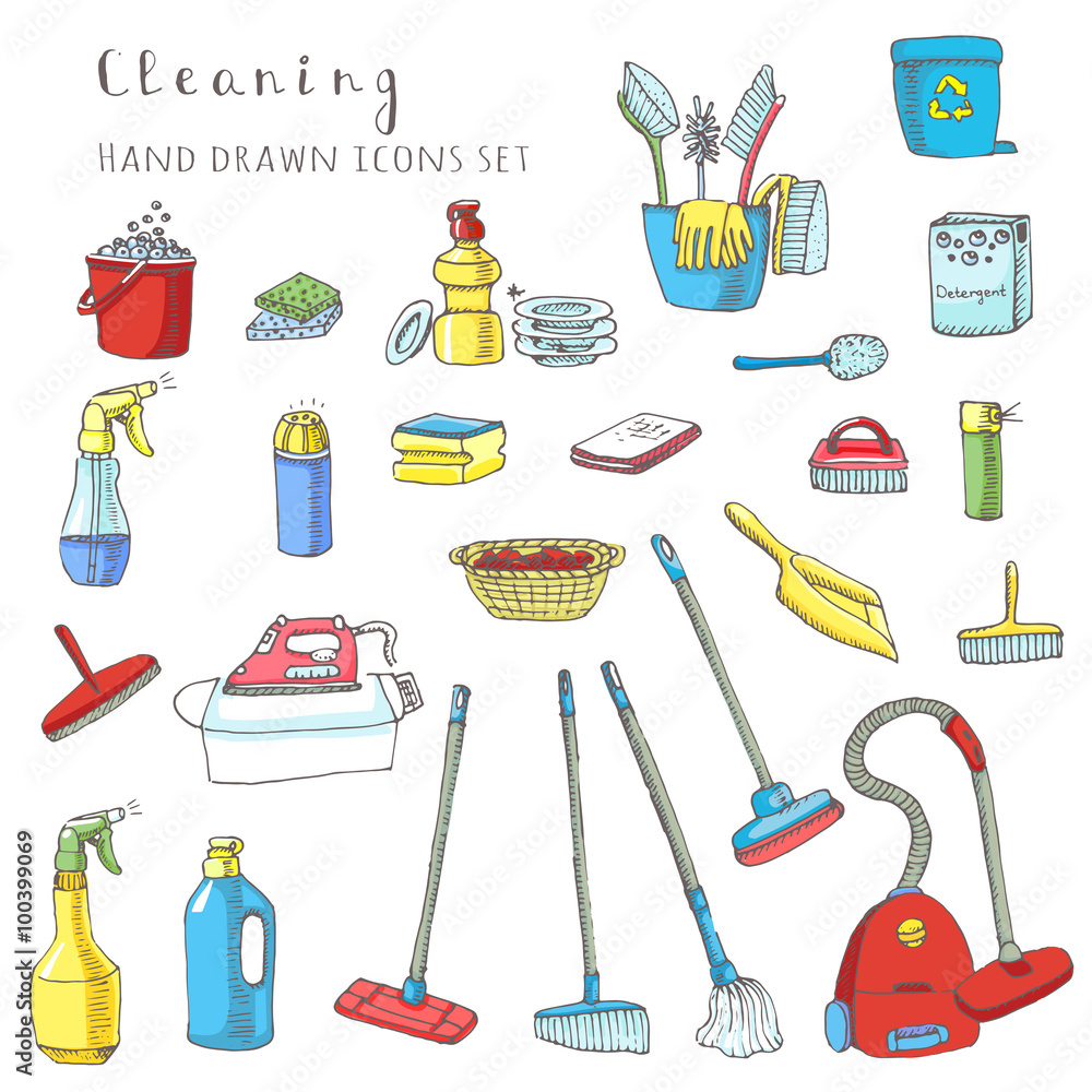 Hand drawn vector cleaning service icons set, Clean symbols, tools ...