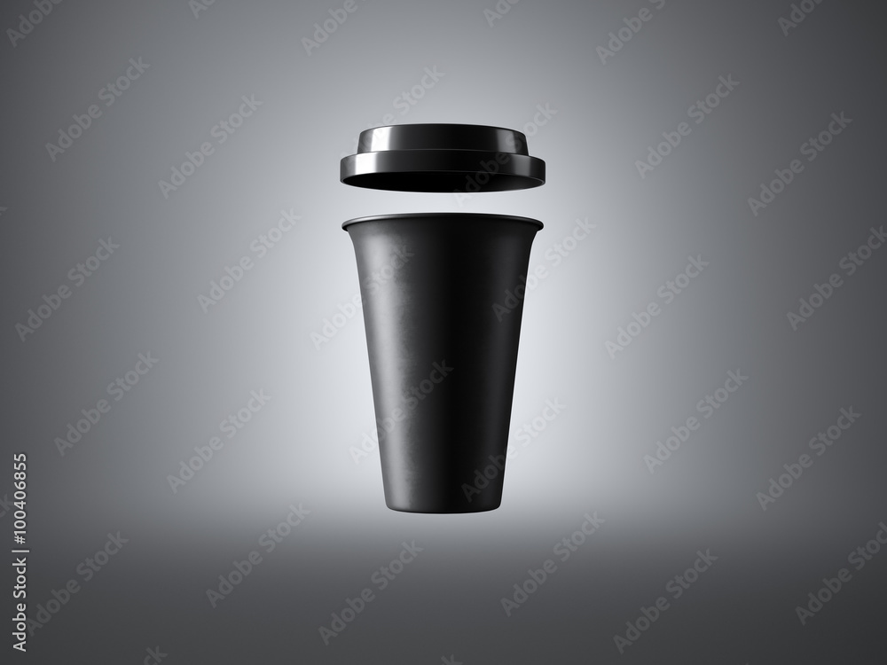 Black coffee cup on the gray background with plastic top. Front view ...