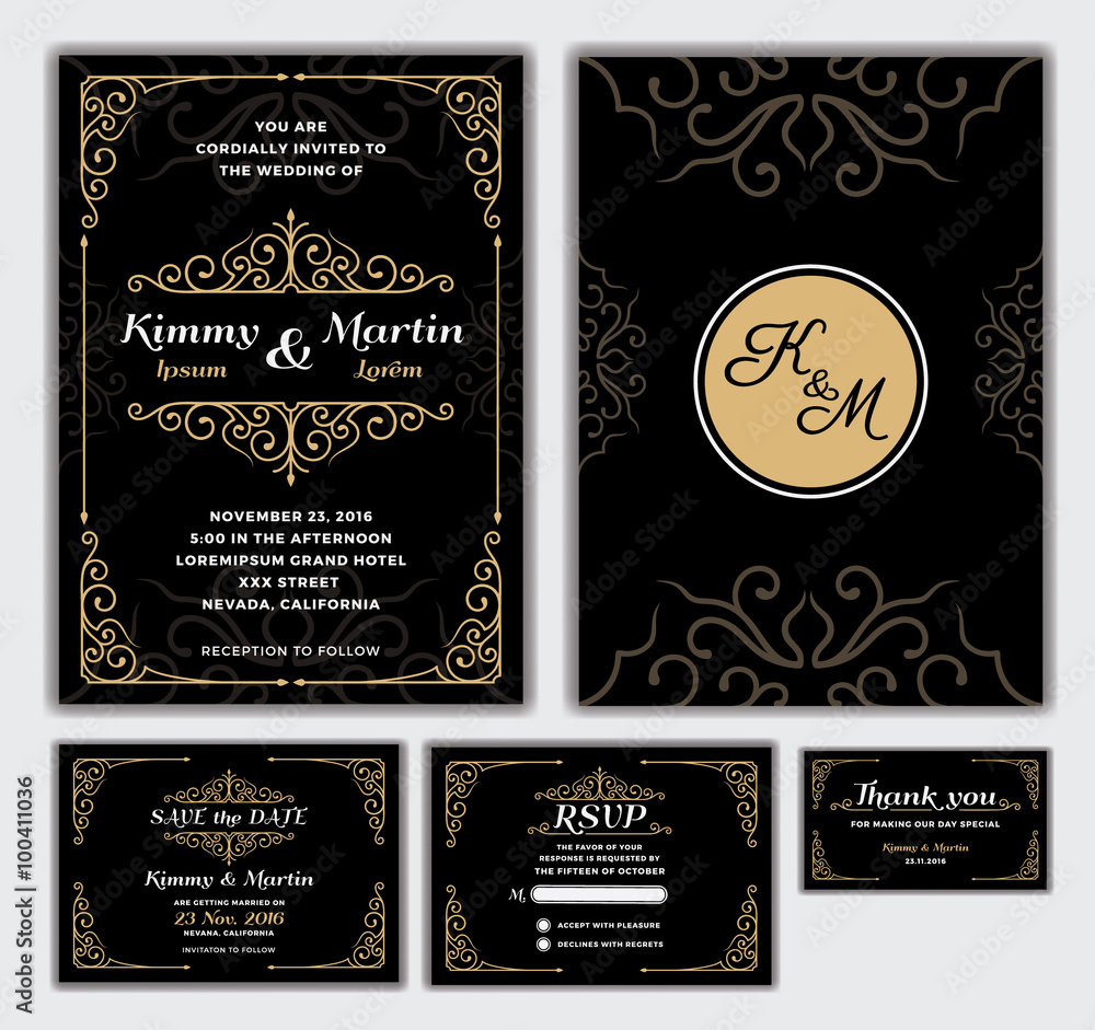 Elegant Wedding Invitation Design Template. Include RSVP card, Save the ...