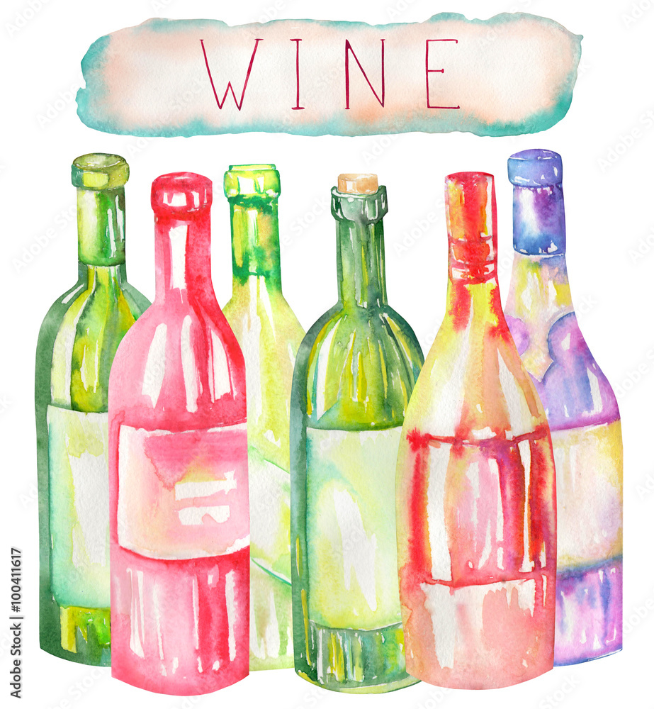 An illustration of the isolated watercolor wine bottles. Painted hand ...