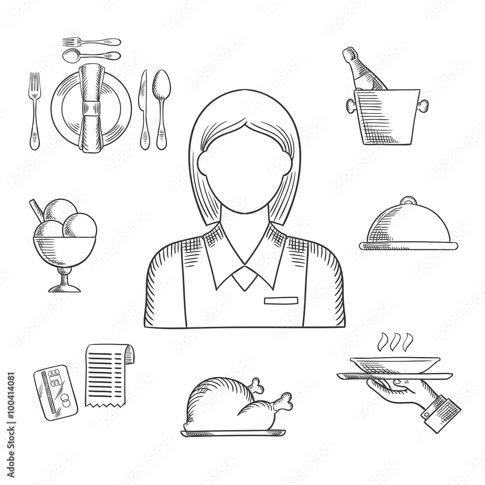 Hand drawn waitress and restaurant items Stock Vector | Adobe Stock