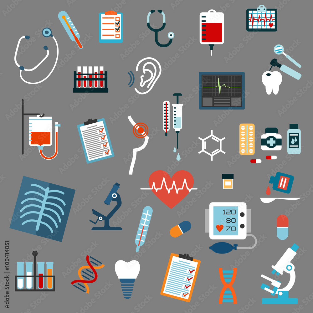 Medical diagnostics, testing and equipment flat icons Stock Vector ...