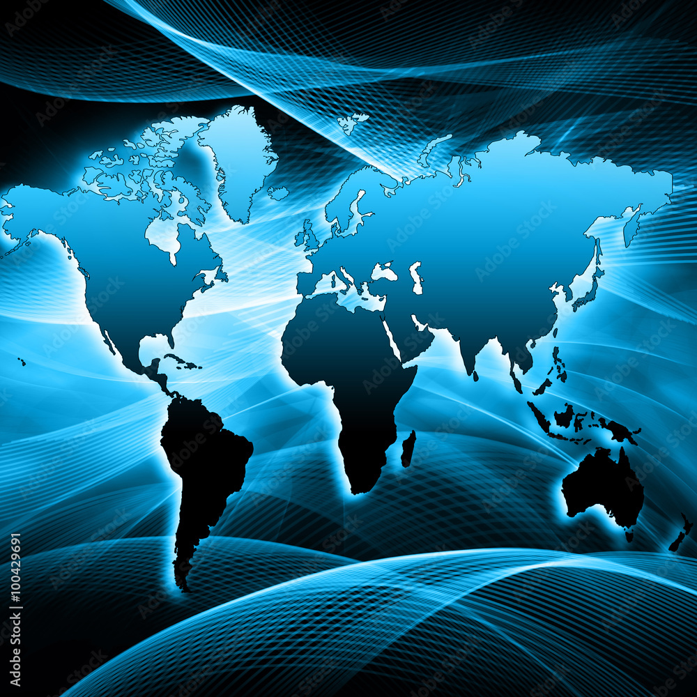 World map on a technological background, glowing lines symbols of the ...