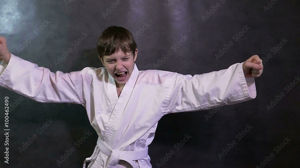 Karate boy kid screaming success teenager victory rejoices Stock Video ...