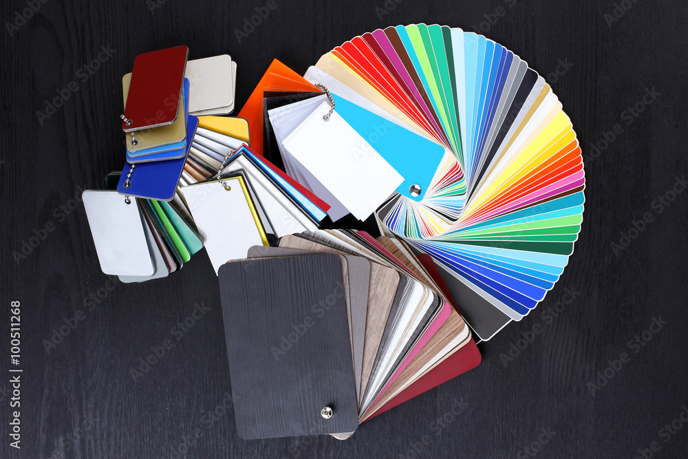 Plastic and wood sample color on the black wooden table Stock Photo ...