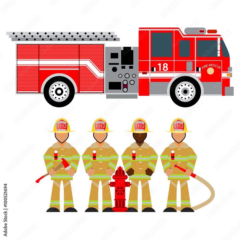 fire truck and fireman, fire brigade, team, attributes, sets fire ...