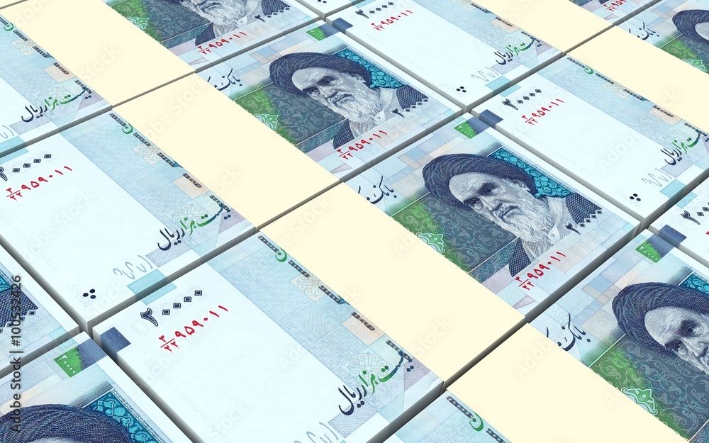 Iranian rials bills stacked background. Computer generated 3D photo ...