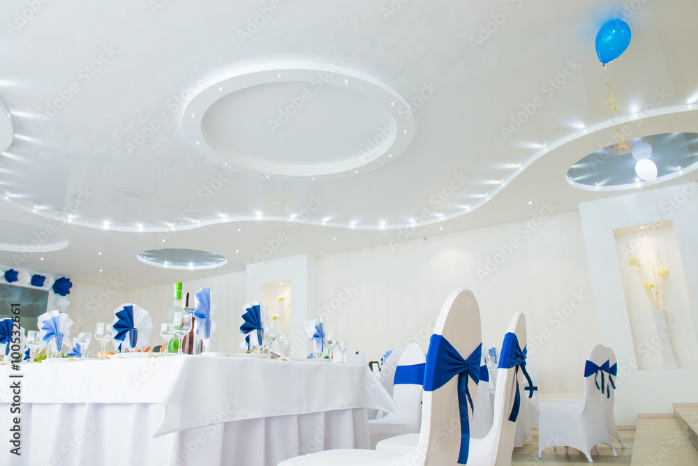 blue and white interior of the restaurant. Restaurant interior with ...