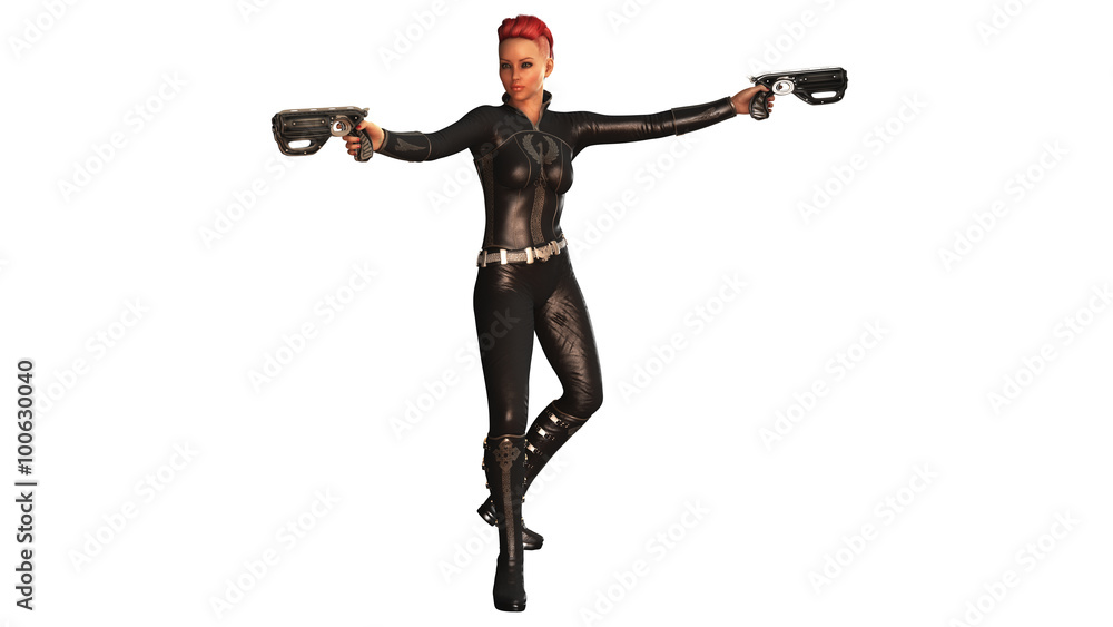 Girl with two guns in black costume, redhead girl isolated on white ...