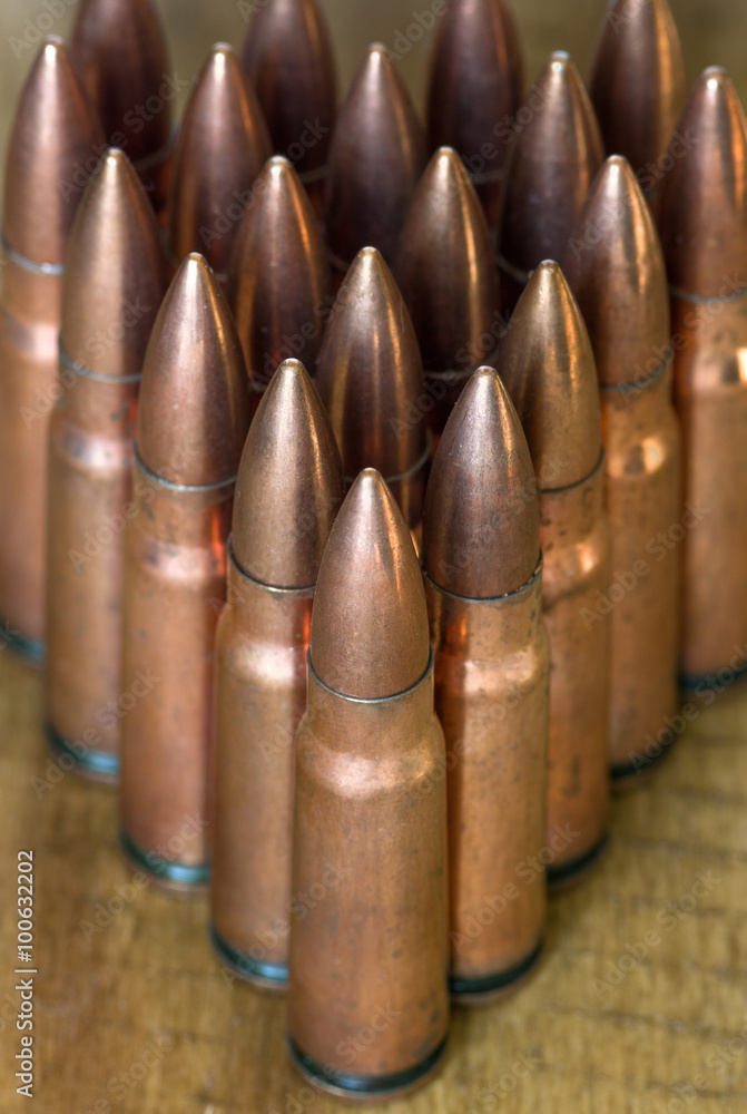 Rifle bullets of 7.62 mm caliber. Kalashnikov machine gun. Stock Photo ...