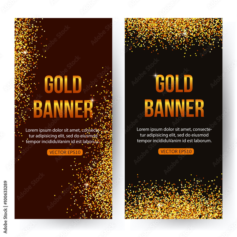 Gold banners with glitters and sparkles. Gold disco lights, vip ...