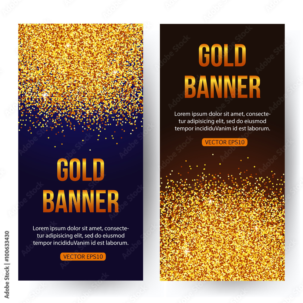 Gold banners with glitters and sparkles. Gold disco lights, vip ...