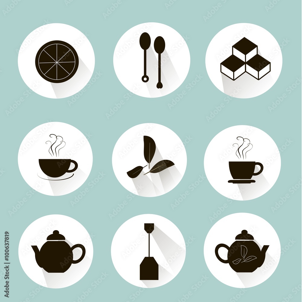 Tea icons black marks on white, pastel blue background. Lemon slices ...