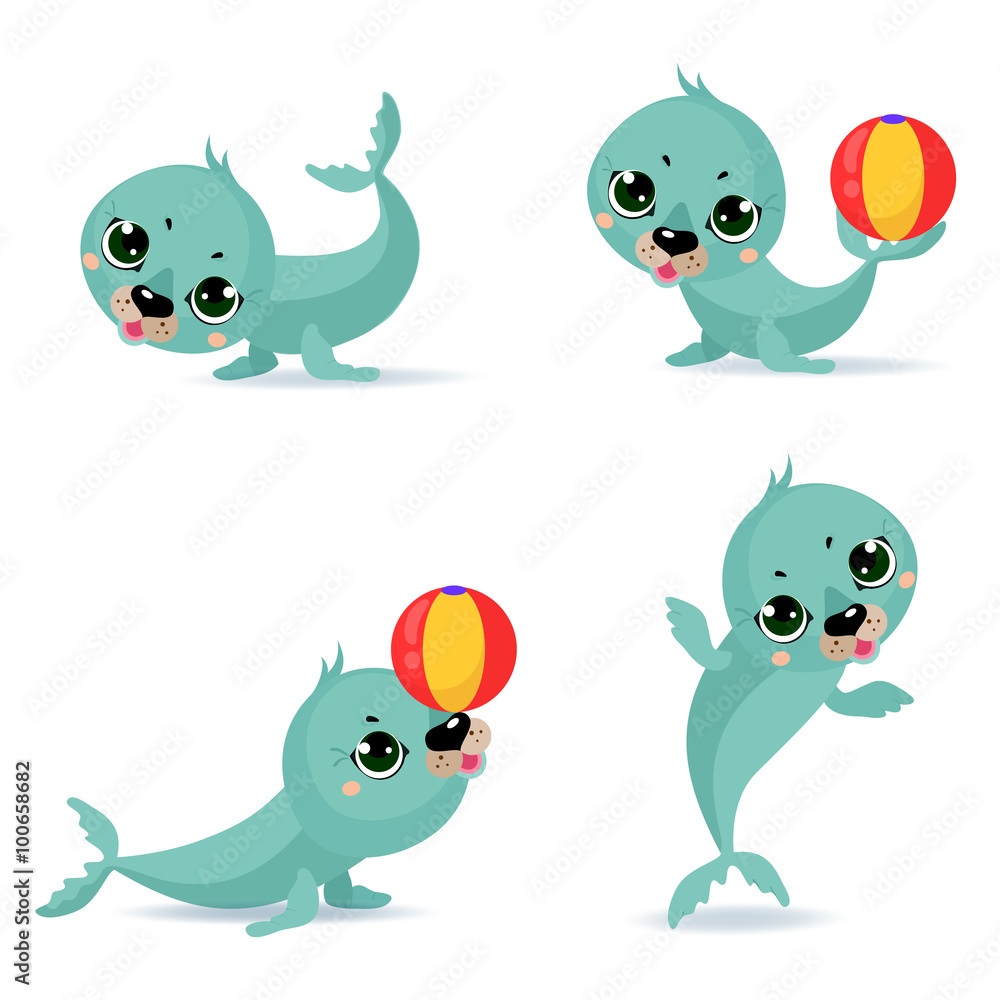 large set icons Funny white fur seal pups, cute winking seals with pink ...