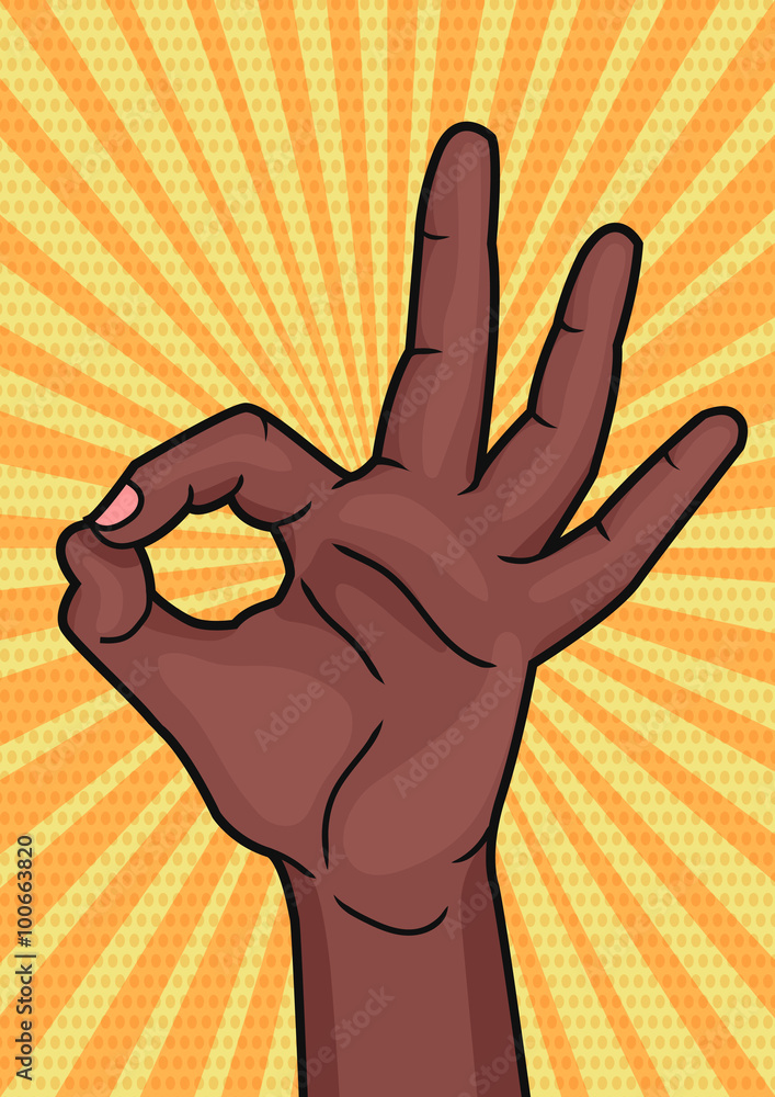 Retro pop art african woman hand showing OK sign. Bright comic style ...