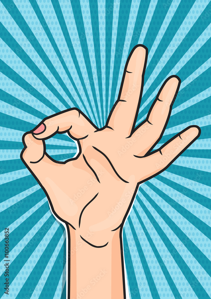 Retro pop art poster with OK hand sign. Woman showing OKAY hand gesture ...