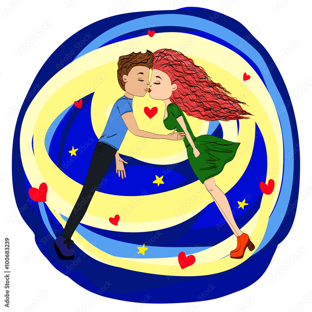 Cute Cartoon Boy and Girl Kissing Around the Red Hearts, Romantic ...