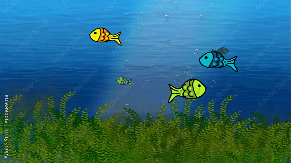 Animated loop able colorful big and small fishes swimming under ocean ...