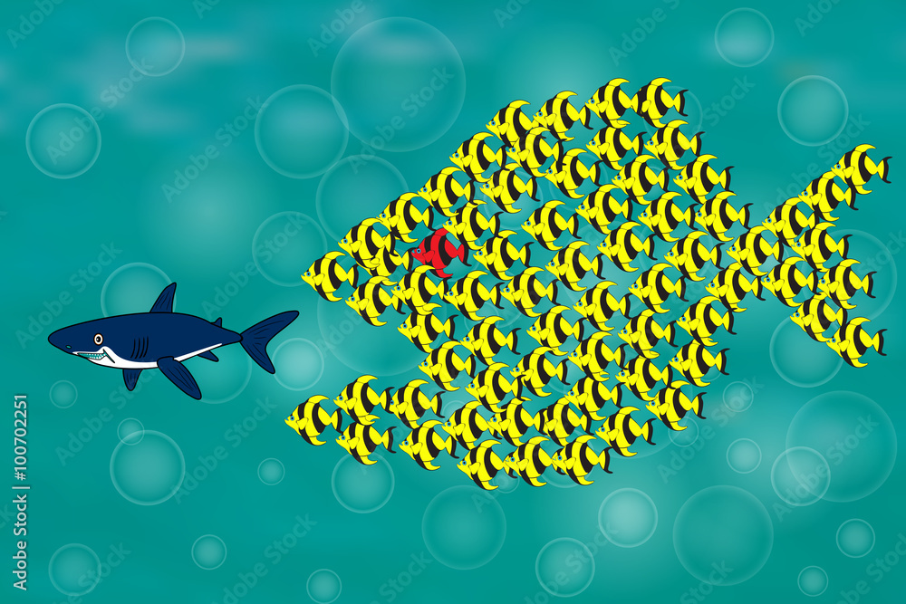 Teamwork Concept Illustration with Big Fish chasing Small fish and Fish ...