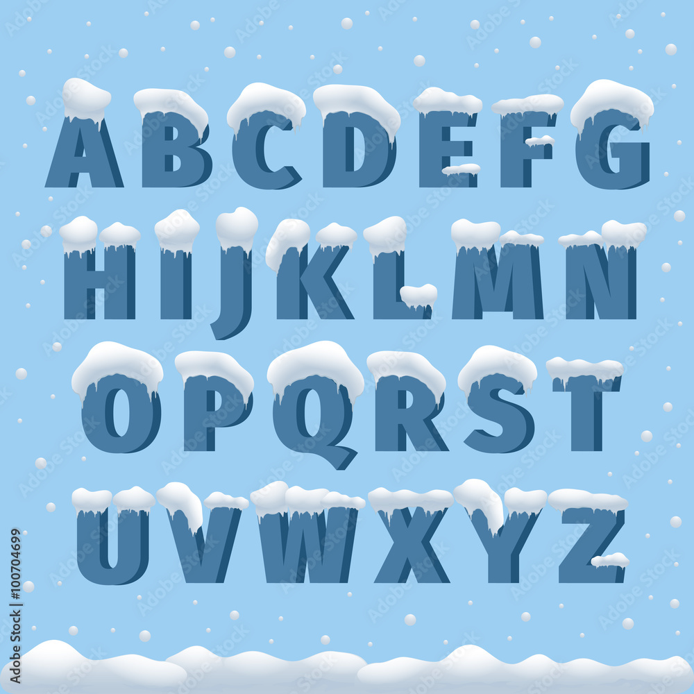 Winter vector alphabet with snow. Letter abc, ice cold font, season ...