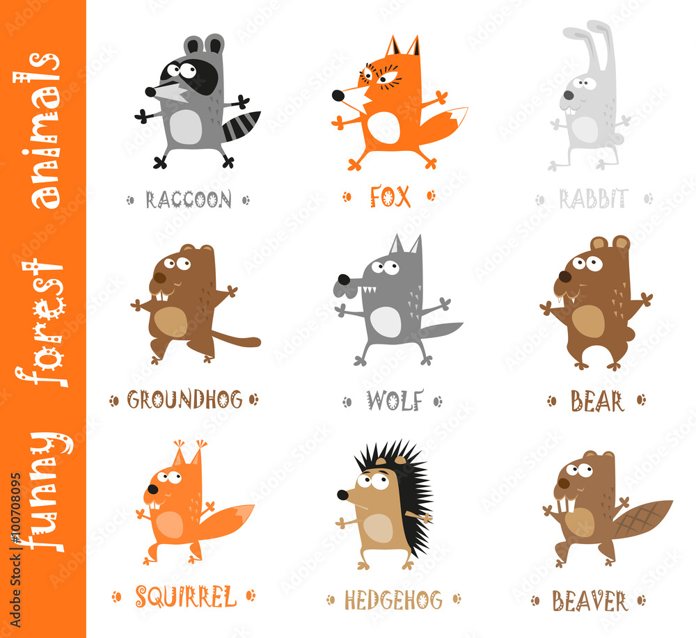 Funny forest animals - bear, wolf, fox, rabbit, hedgehog, groundhog ...