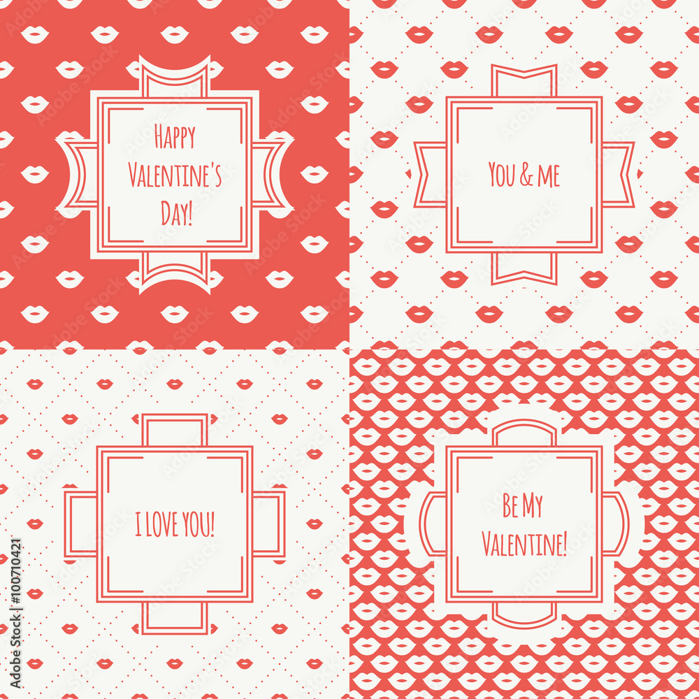 Set of red, pink romantic lips kiss seamless pattern. Wrapping paper ...