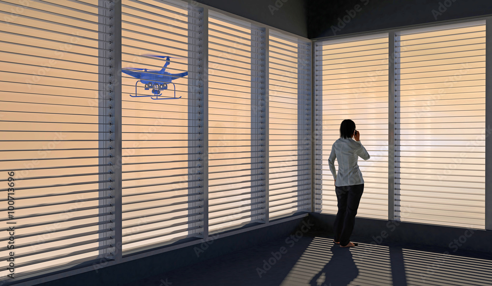 3D render of a UAV drone peering through a window with horizontal ...