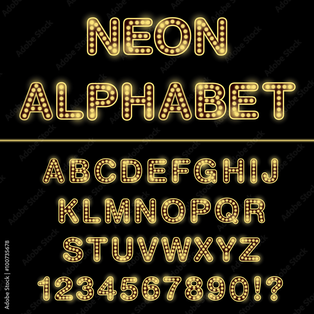 Neon alphabet letters isolated on black background. Font for design ...