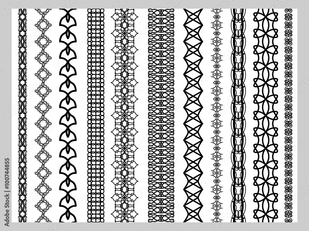 Set of ten seamless endless decorative lines. Indian decoration border ...