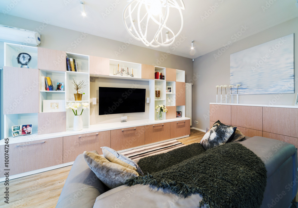 A big Modern living room with TV foto de Stock | Adobe Stock