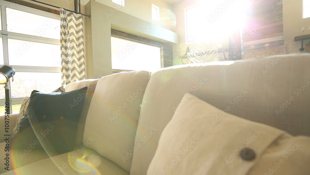 From Living Room to Reveal Kitchen Sun Flare. camera rises from the ...