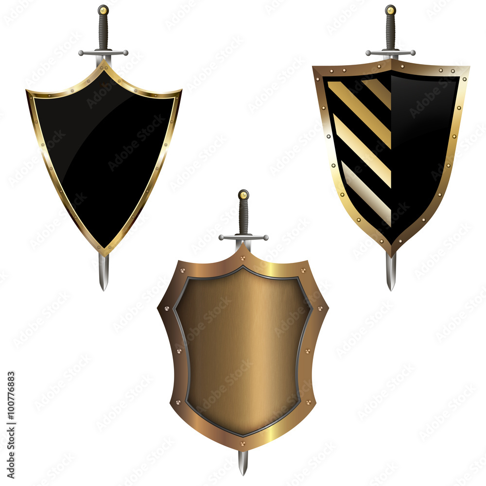 Gold heraldic shield with sword. Stock Illustration | Adobe Stock