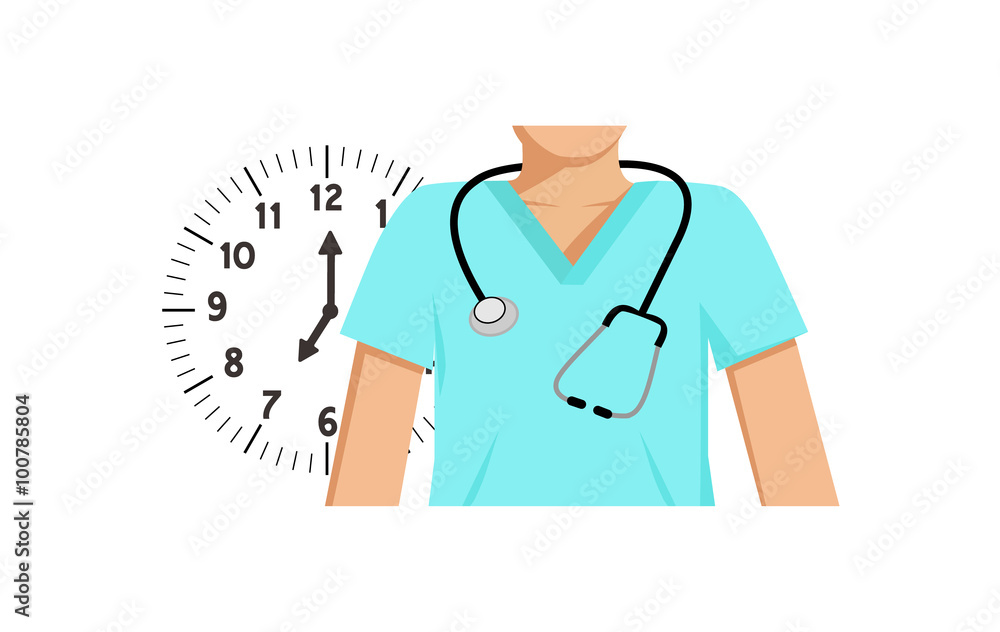 Flat vector image of a doctor with a clock behind him Stock Vector ...