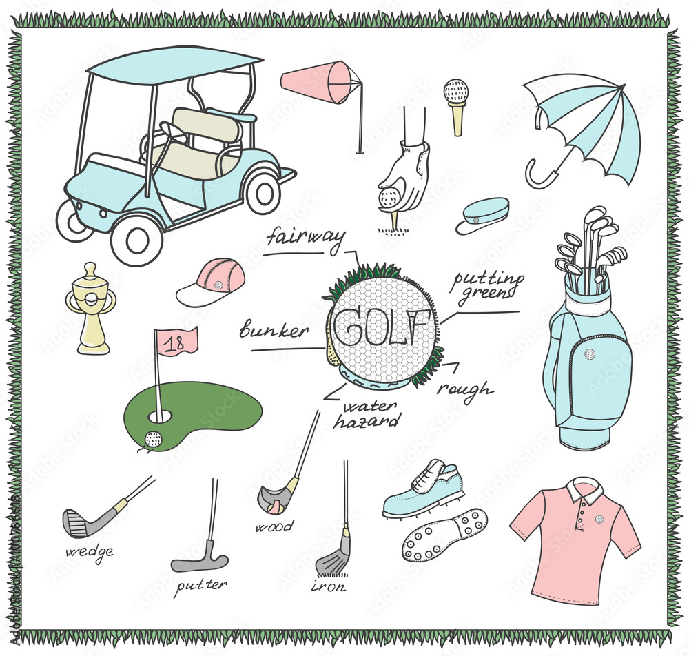 Collection of various stylized hand drawn Golf icons, Golf Equipment ...