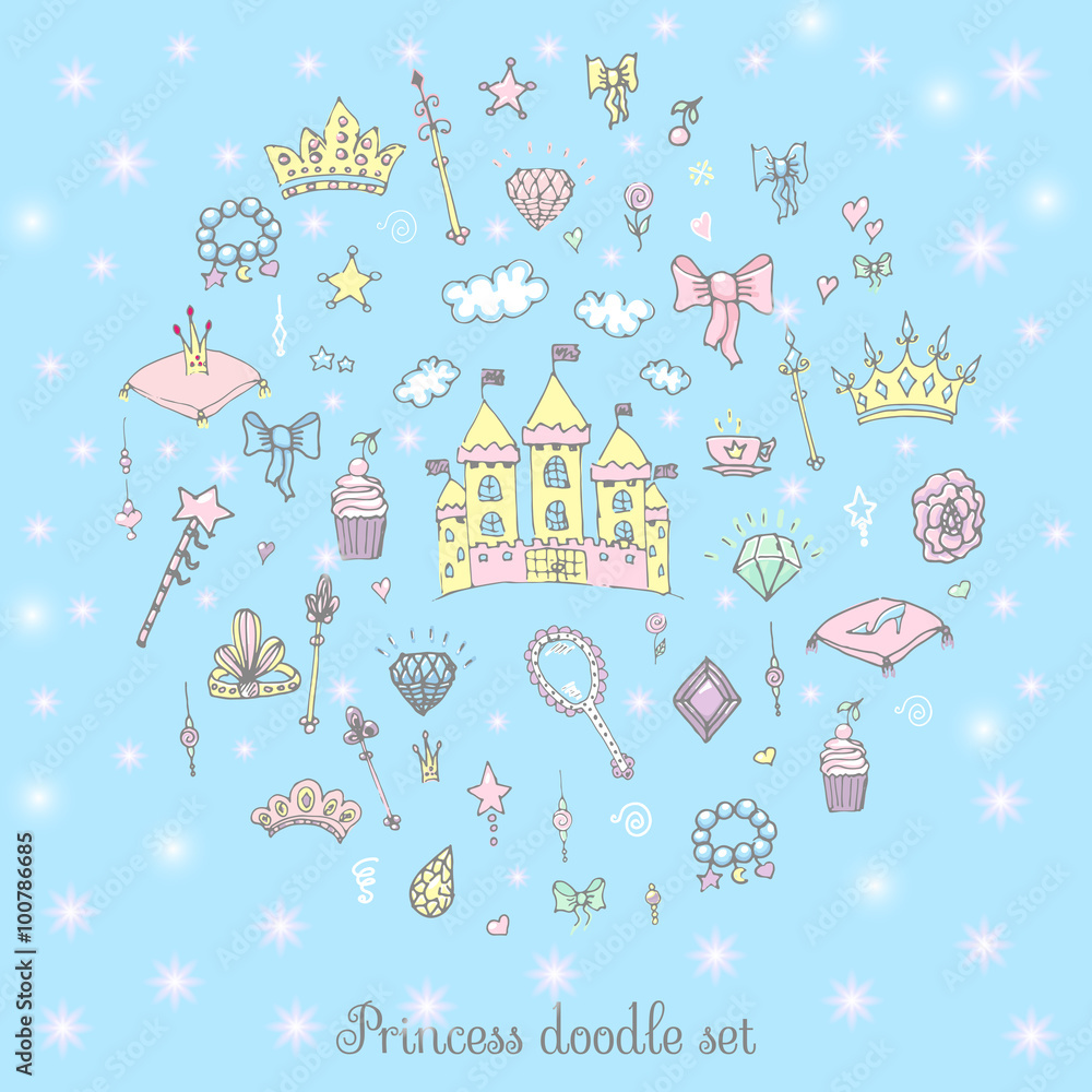 Hand-Drawn Vintage Princess Girl Set, Doodle Design Elements, Sketchy ...