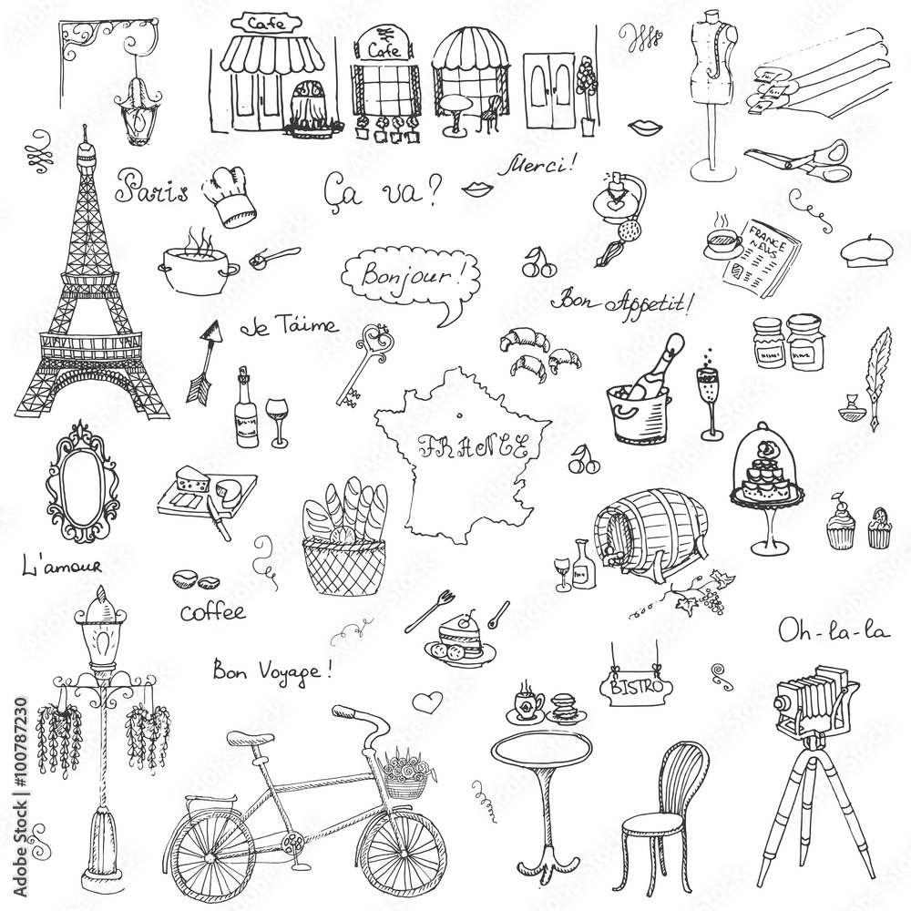 Set of hand drawn French icons, Paris sketch illustration, doodle ...