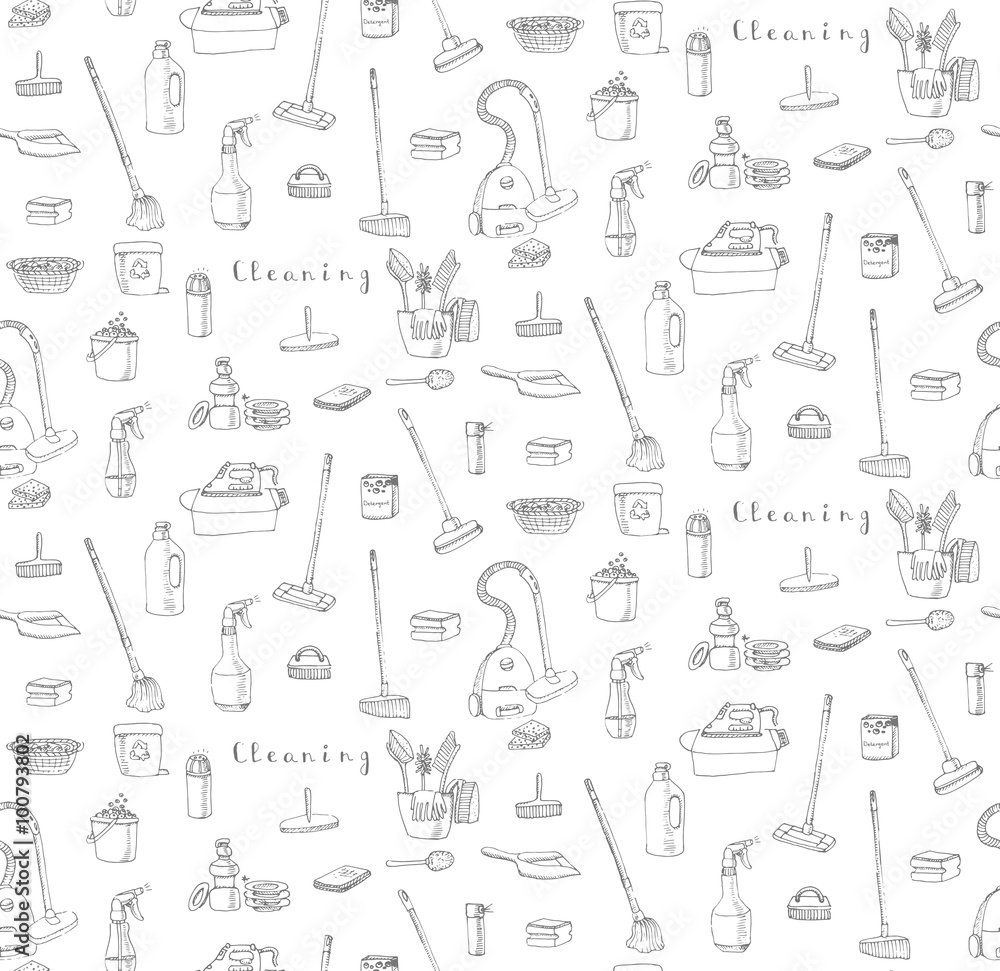 Seamless background of hand drawn vector cleaning service icons ...