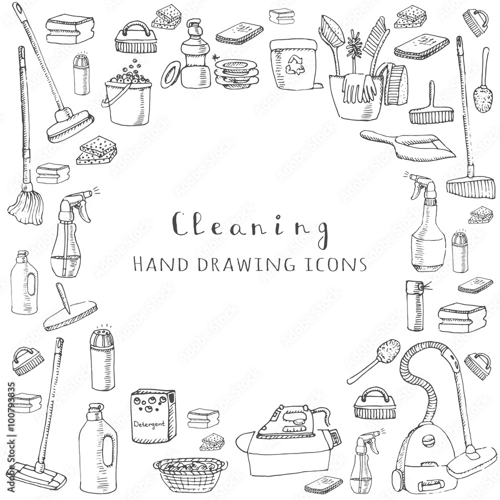 Hand drawn vector cleaning service icons, Cleaning symbols, tools ...