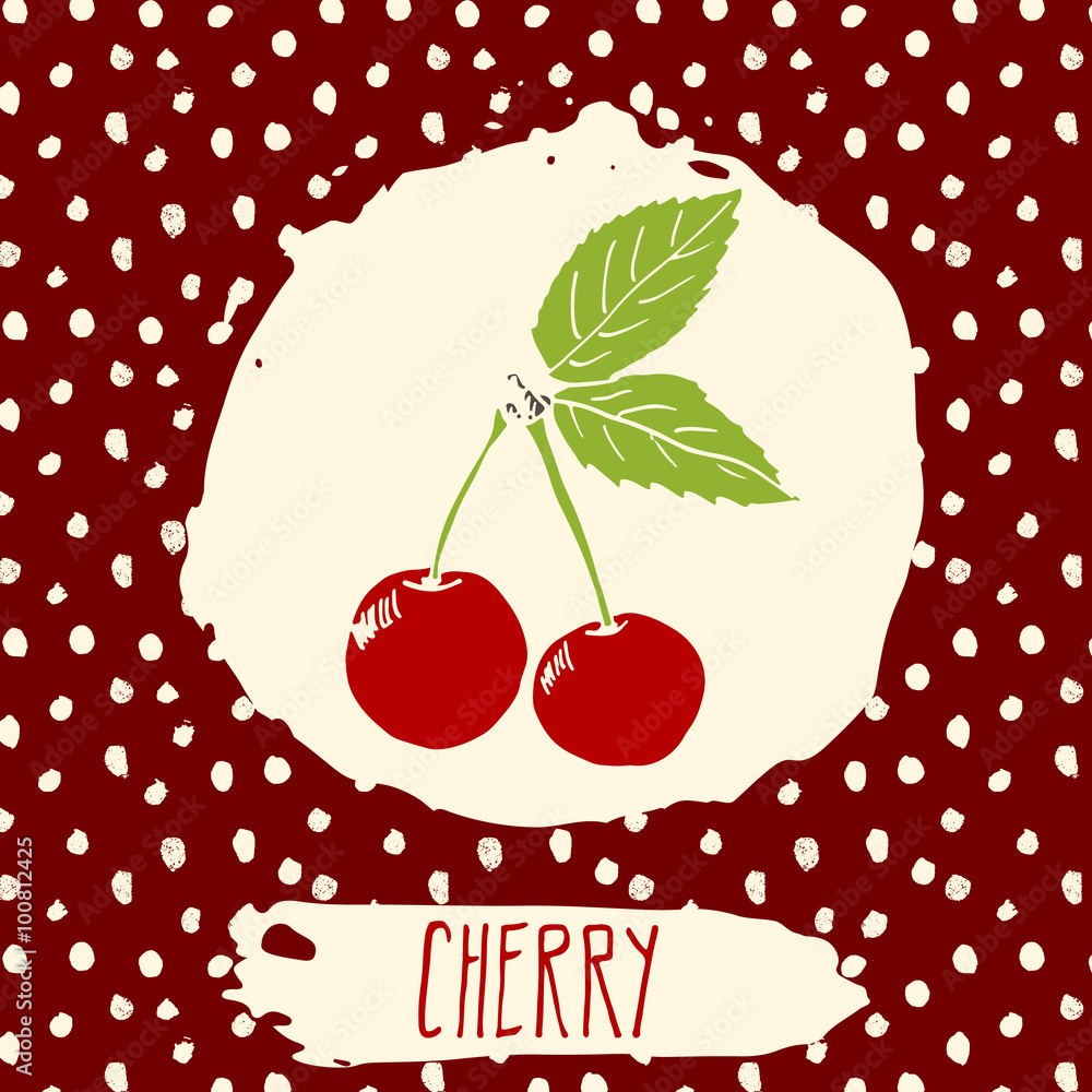 Cherry hand drawn sketched fruit with leaf on background with dots ...