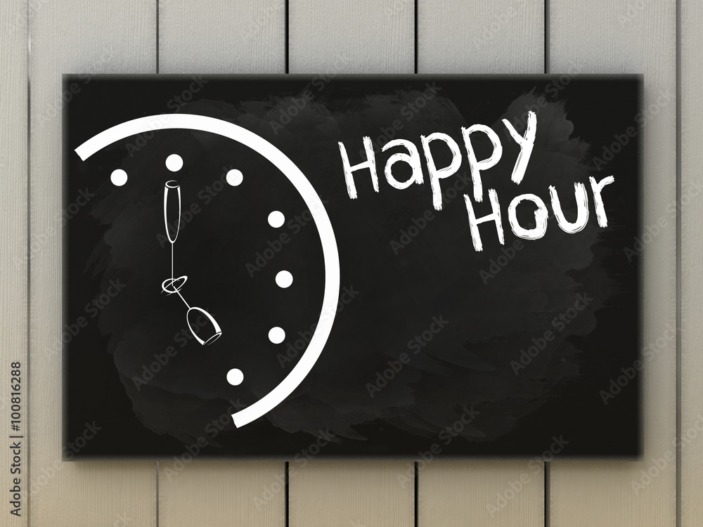 Happy hour on blackboard written with chalk. ilustración de Stock ...