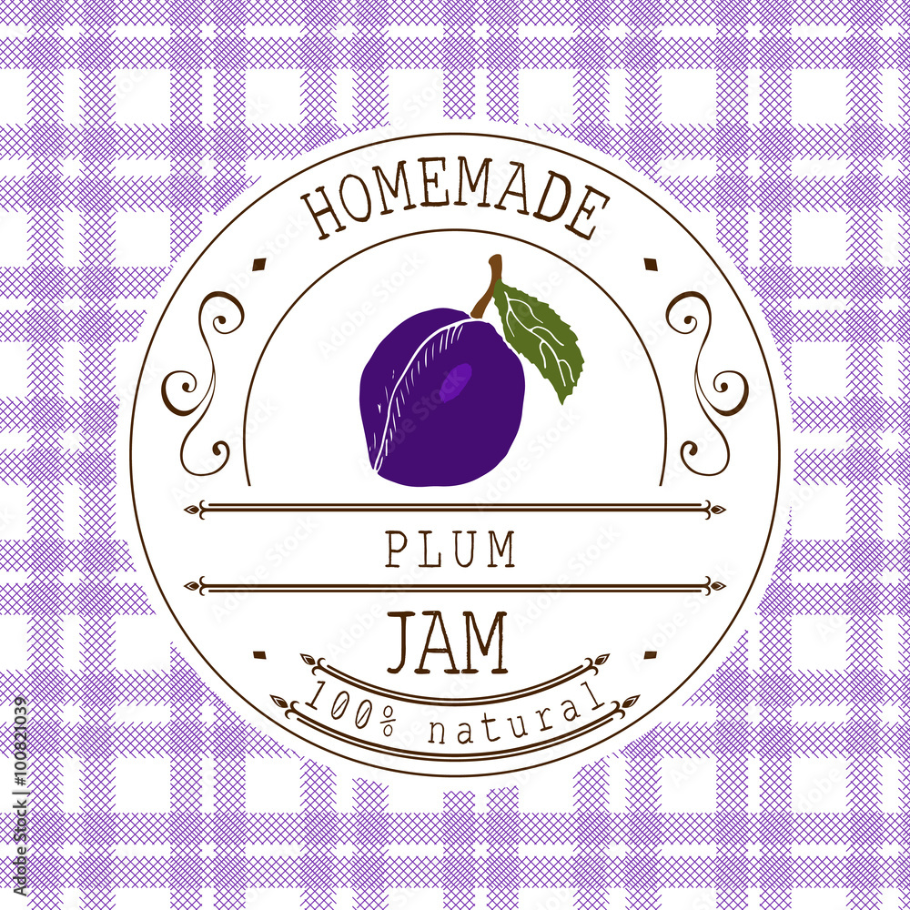 Jam label design template. for plum dessert product with hand drawn ...