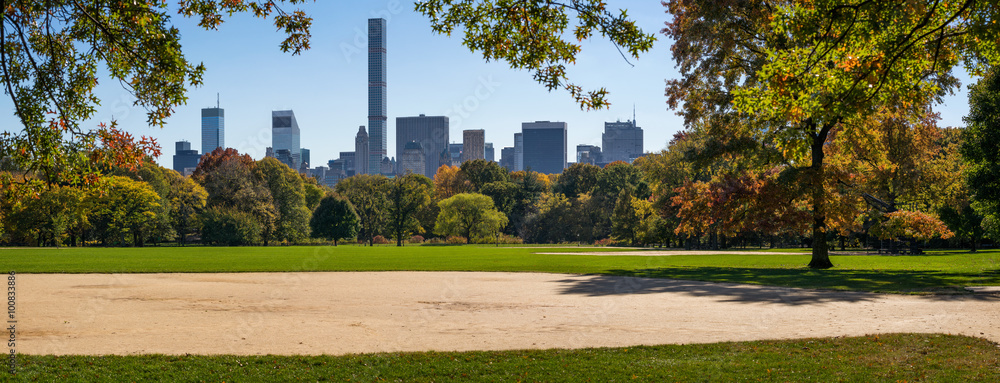 Panoramic afternoon view of Central Park Great Lawn with fall foliage ...