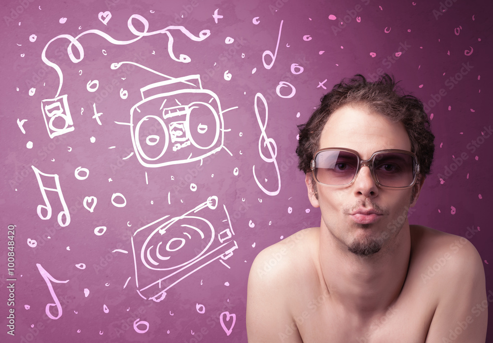 Happy funny guy with shades and hand drawn media icons Stock Photo ...