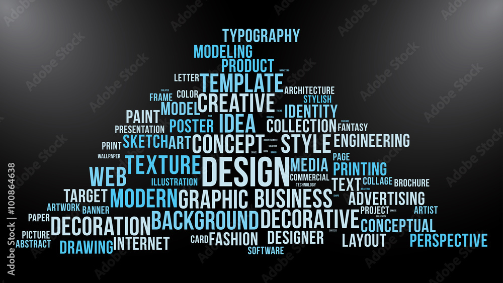 DESIGN word cloud. Dark blue tag cloud. Vector graphics illustration ...