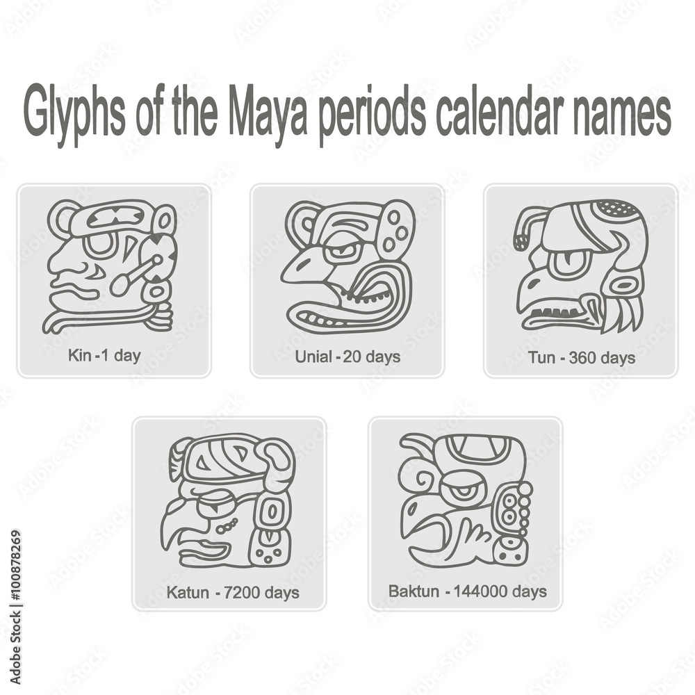 set of monochrome icons with glyphs of the Maya periods calendar names ...